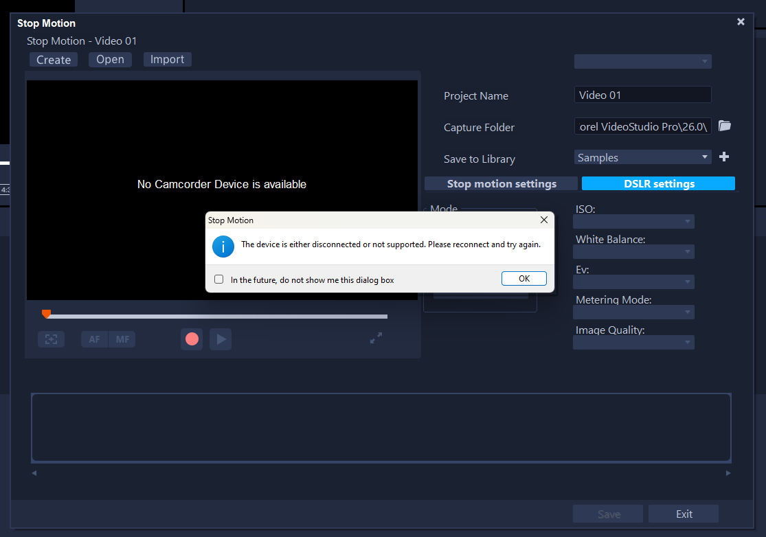 KB Corel: VideoStudio: My camera is not being recognized by the Stop Motion program